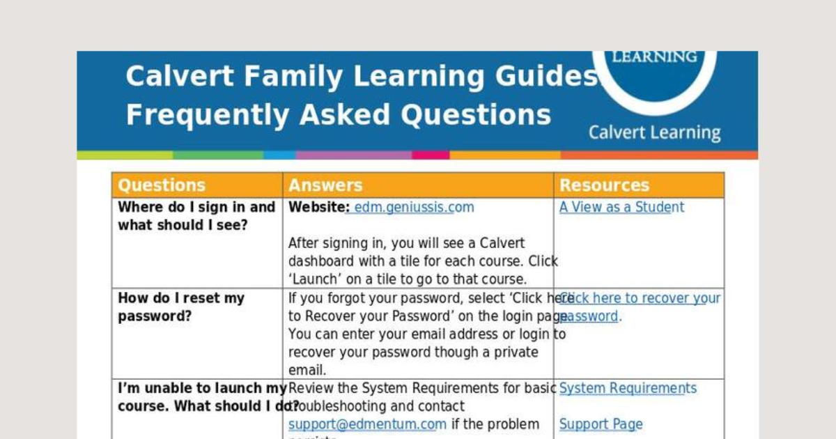 Calvert Learning FAQ for Parents and Learning Guides | Edmentum