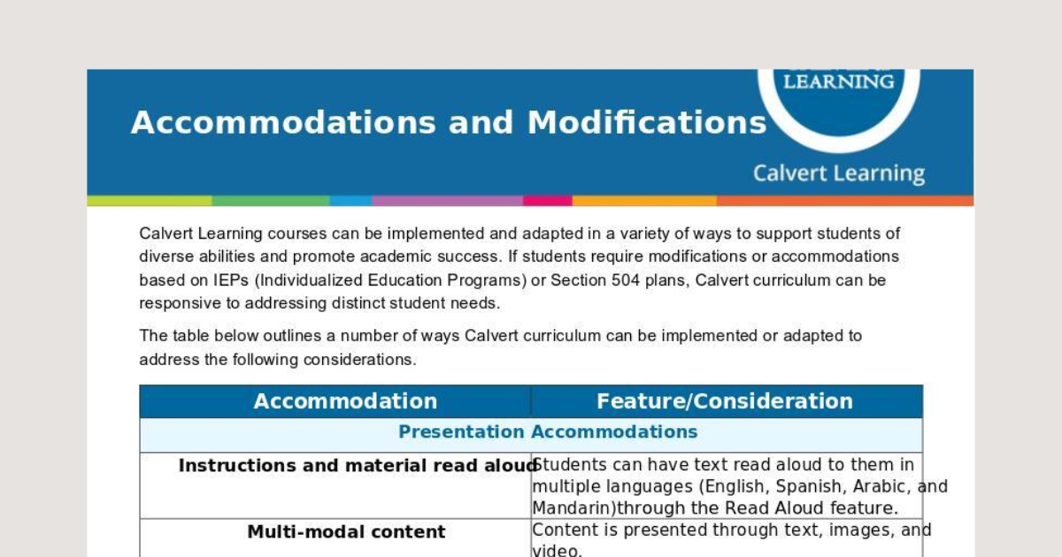 Calvert Learning Accommodations and Modifications | Edmentum