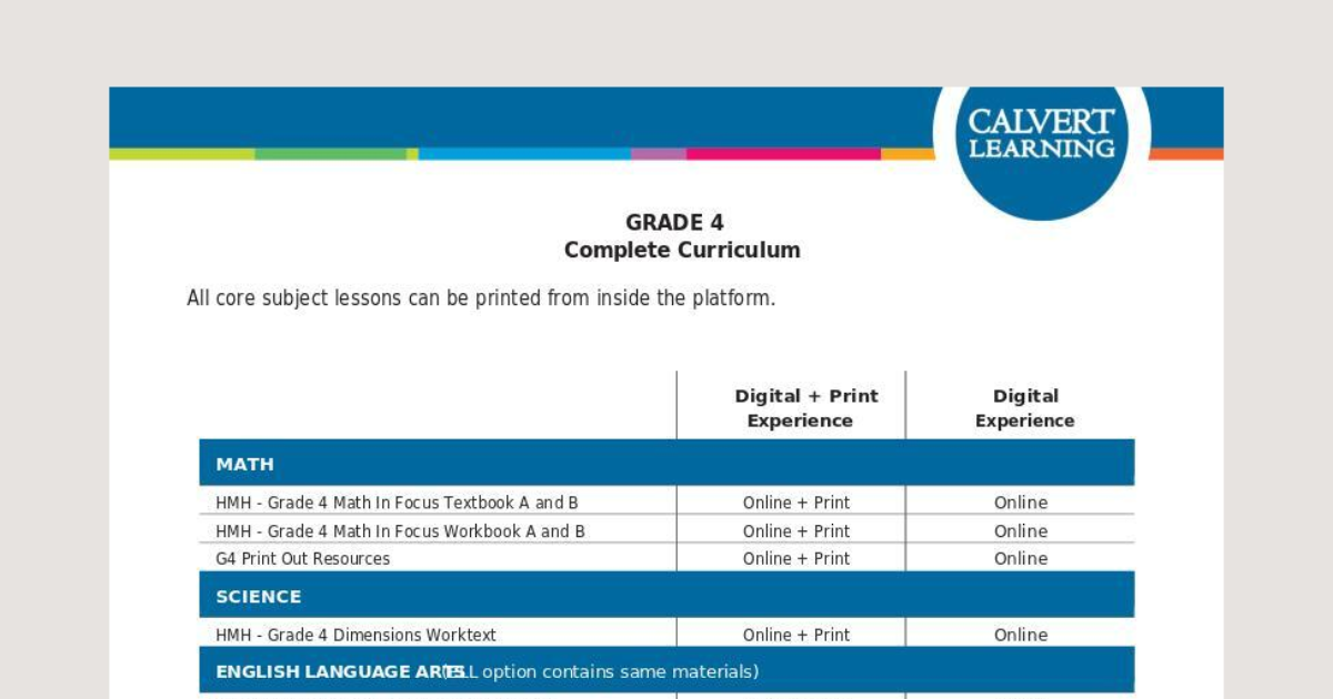 Calvert Course Curriculum List - Fourth Grade | Edmentum