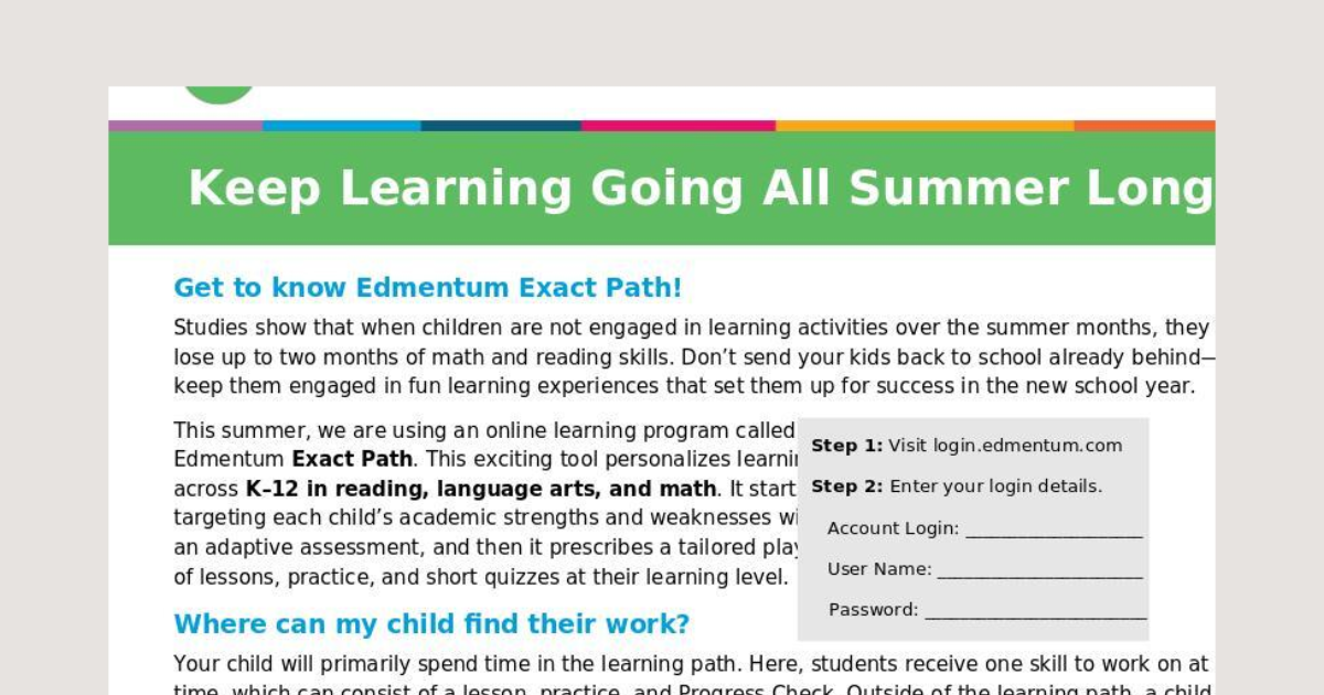 Exact Path Summer Learning Parent Letter | Edmentum