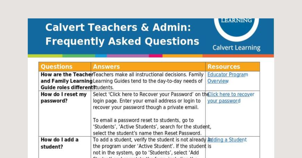 Calvert Learning FAQ for Teachers and Administrators | Edmentum