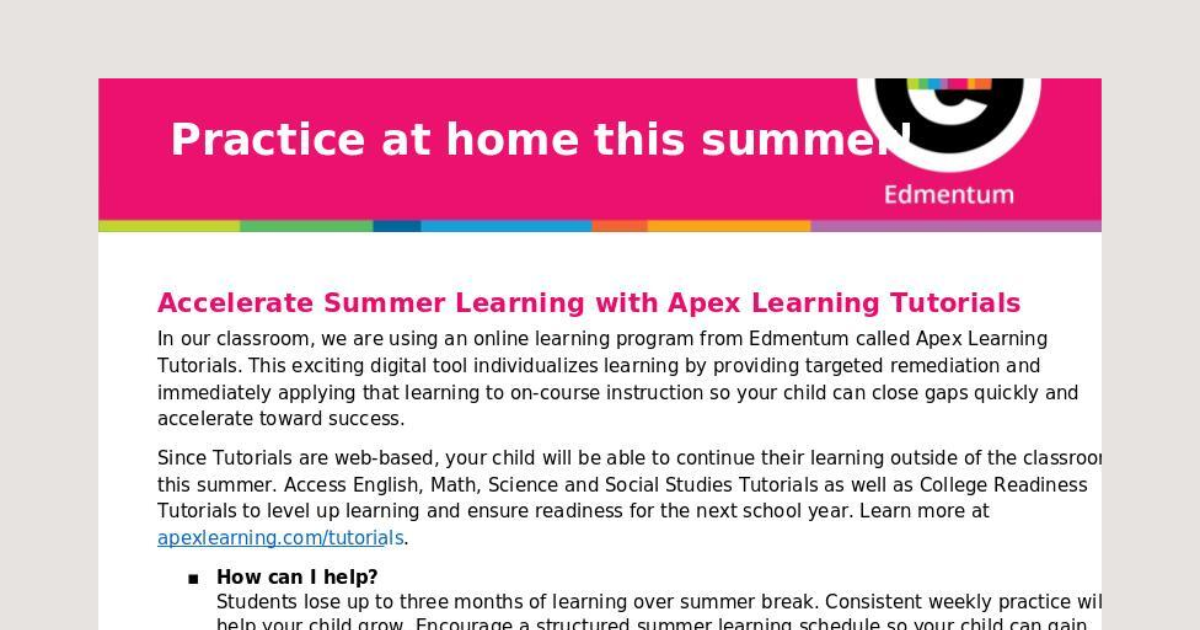 Tutorials Summer Parent Letter | Edmentum