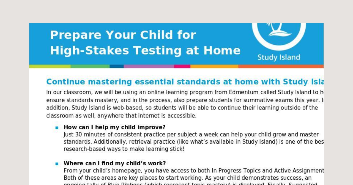 High-Stakes Testing with Study Island: Parent Letter | Edmentum