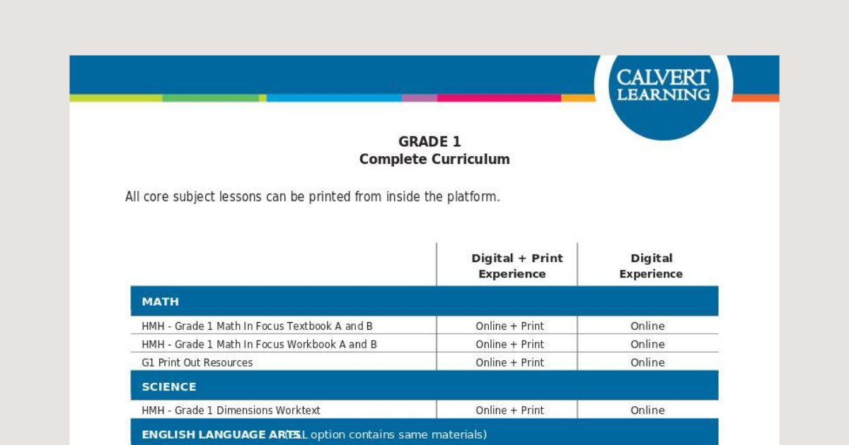 Calvert Course Curriculum List - First Grade | Edmentum