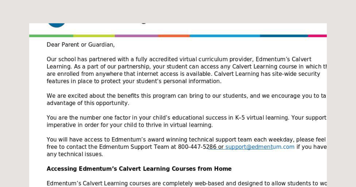 Calvert Learning Parent Letter - Genius SIS | Edmentum