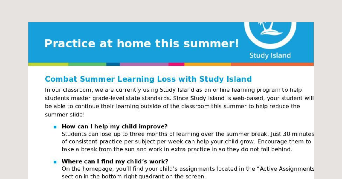 Study Island Summer Learning Parent Letter | Edmentum