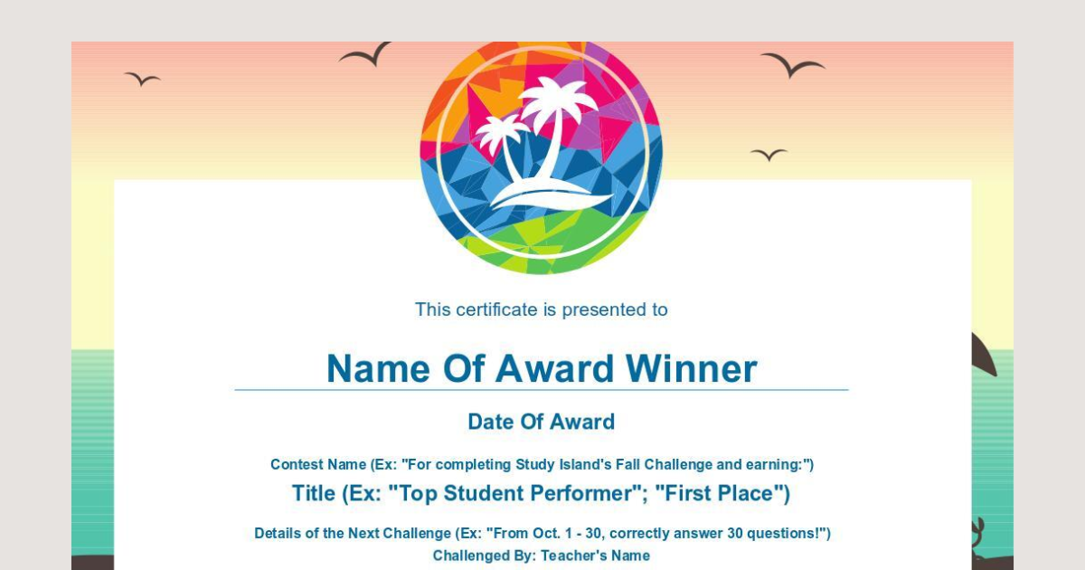 Editable Study Island Certificate - Sunset Theme | Edmentum